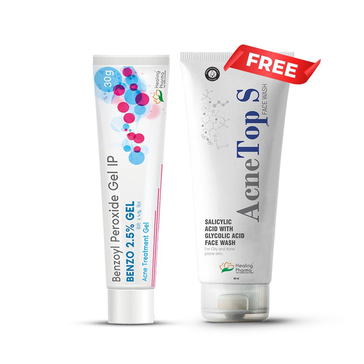 Healing Pharma Benzo Gel (Pack Of 2) + Acnetop S Facewash Free (Per Or